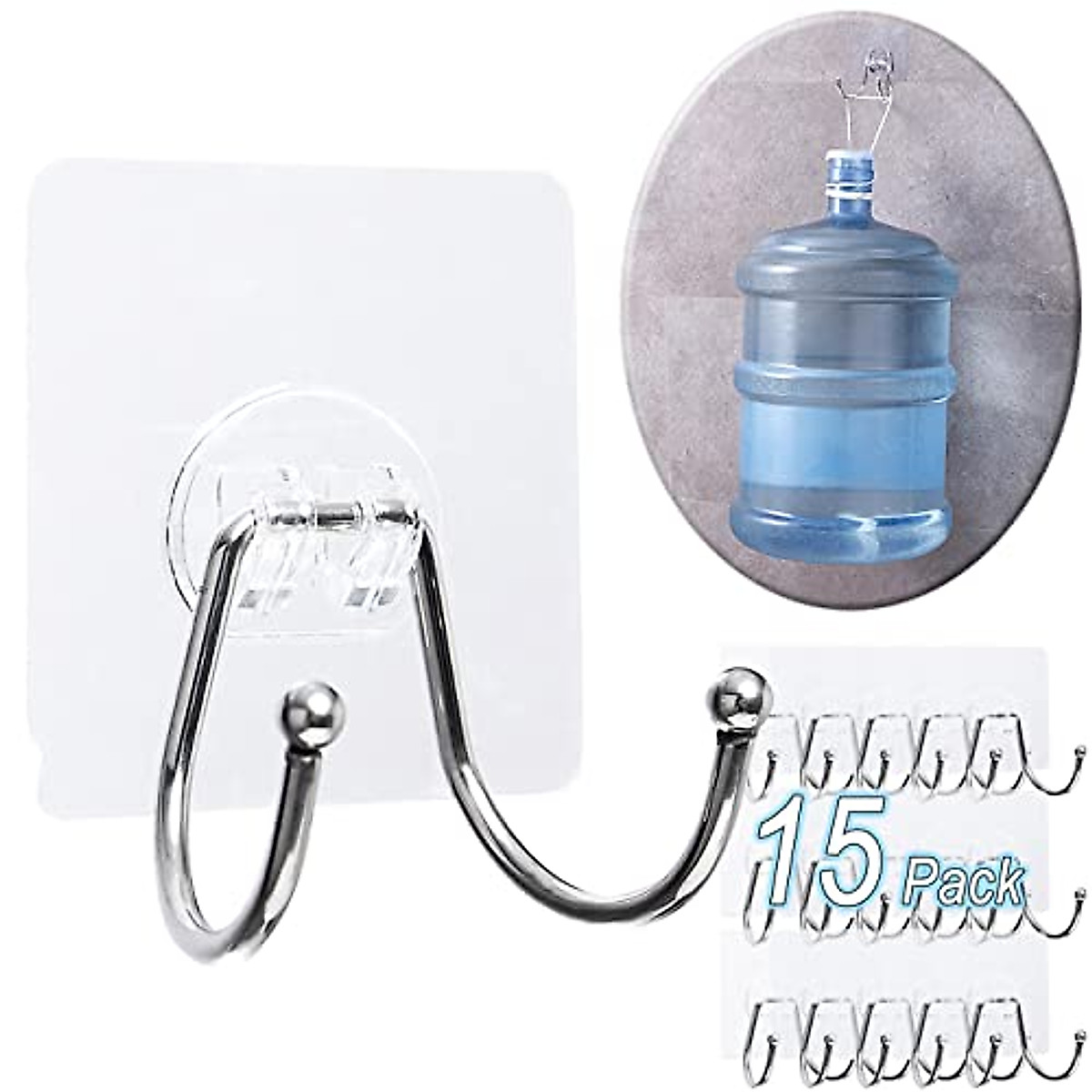 CenterZ 15 Pack Large Double Adhesive Wall Hooks, Damage-Free Waterproof 33 Ib Max Heavy Duty Hanging Clear Seamless Sticky Utility Hooks, Towel Coats Hats Clothes Nail Free Hangers (Twin Round Head)