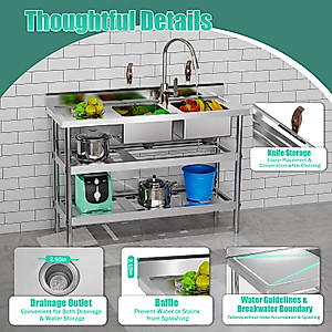 LIYUANJUN 3 Tier Commercial Sink, 201 Stainless Steel Sink With 2 Washing Hand Basins&Drain Pipe&Faucet Indoor Floor Standing Sink for Kitchen Hotel Restaurant Storage Shelves