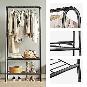 JOISCOPE Portable Metal Clothes Rack, Heavy Duty Sturdy Metal Clothing Coat Rail with Double Layer Shelf for Storing Clothes, Shoes, Suitable for Bedroom, Office, Living Room (Black)