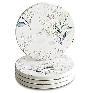 RoomTalks Green and Gold Plant Leaf Drink Coasters Set of 4, Cute Spring Leaves Floral Ceramic Absorbent Cup Coasters for Wooden / Coffee Table with Cork Base, Tabletop Protection, Housewarming Gifts