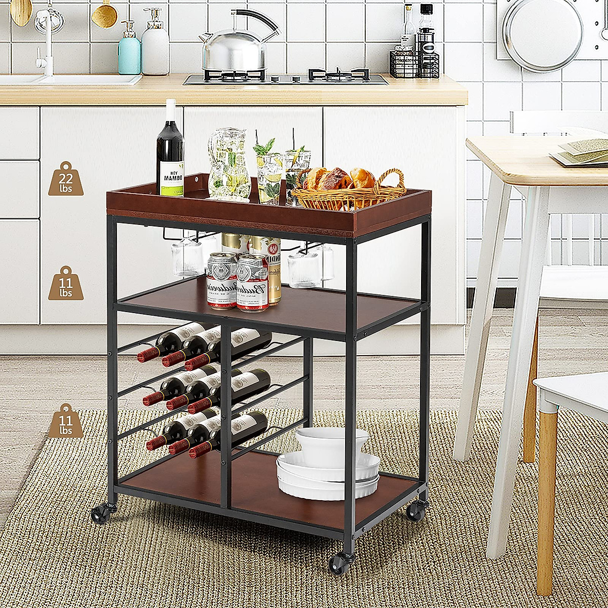 COSTWAY Kitchen Rolling Island Cart, with 9-Bottle Wine Racks & Glass Holders, Utility Beverage Cart Trolley with Lockable Wheels for Home Kitchen, Wooden and Metal Frame, Rustic Brown