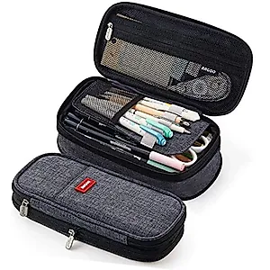 iSuperb Pencil Case Big Capacity Canvas Multifunction 7 Compartment Pen Bag Zipper Stationery Organizer Pouch Square Grid Cosmetic Bag