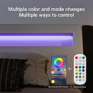 Allewie King Size LED Platform Bed Frame with Adjustable Headboard/No Box Spring Need/Easy Assembly/Faux Leather in White and Black