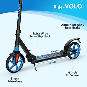 RideVOLO K08-1 Kick Scooter for Teenager 8 Years and up with 8” Wheels and 3 Adjustable Height, Folding System and Suspension System(Blue)