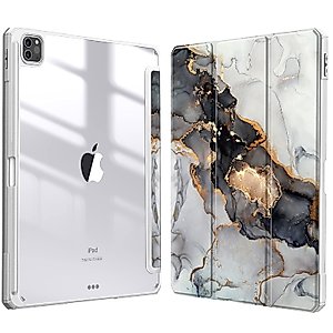 Fintie Hybrid Slim Case for iPad Pro 12.9-inch 6th Generation 2022, [Built-in Pencil Holder] Shockproof Cover w/Clear Transparent Back Shell, Also Fit iPad Pro 12.9" 5th/4th/3rd Gen, Cloudy Marble