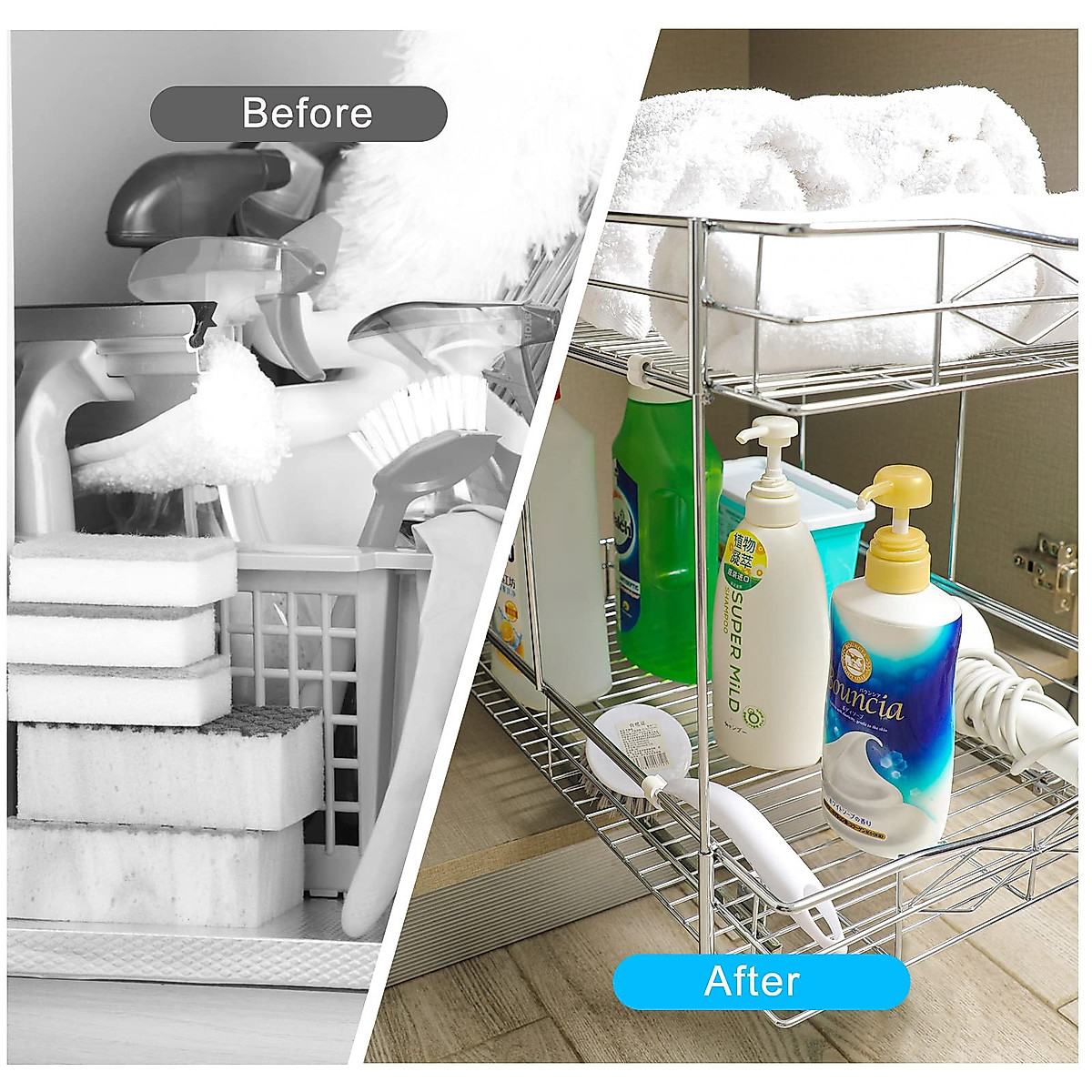 TQVAI 2 Tier Pull Out Cabinet Organizer, Sliding Out Under Sink Cookware Organizer, Wire Shelf Storage Basket for Kitchen Bathroom - 14" W x 21" D x 16-3/8"H, Request at Least 15 Inch Cabinet Opening