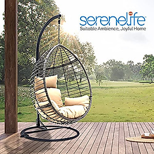 SereneLife Hanging Egg Indoor Outdoor Patio Wicker Rattan Lounge Chair with Stand, Steel Frame, UV Resistant Washable Cushions for Garden Backyard Deck Sunroom, Black+Brown