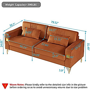 Betoko Velvet Upholstered Sofas Couches for Living Room Modern Contemporary Channel Tufted 3 Seater Sofa Couch with Golden Metal Legs for Bedroom Office and Small Spaces (Camel)