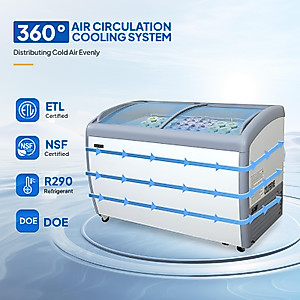 ROVSUN 12.7 Cu.Ft Commercial Ice Cream Freezer ETL NSF Certified, 50" Ice Cream Display Case Glass Top Chest Freezer w/LED Light 4 Removable Baskets Lockable Wheels Sliding Door for Store Supermaket