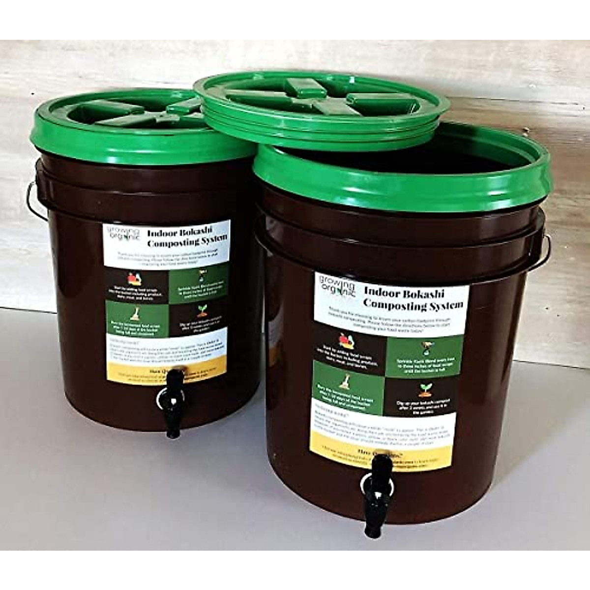2 Bucket Indoor Bokashi Composting System - Kitchen Compost Buckets with A Spout - Air Tight Gamma Seal Lid - Practical Way to Collect All Your Organic Waste - 5lbs of Kashi Blend