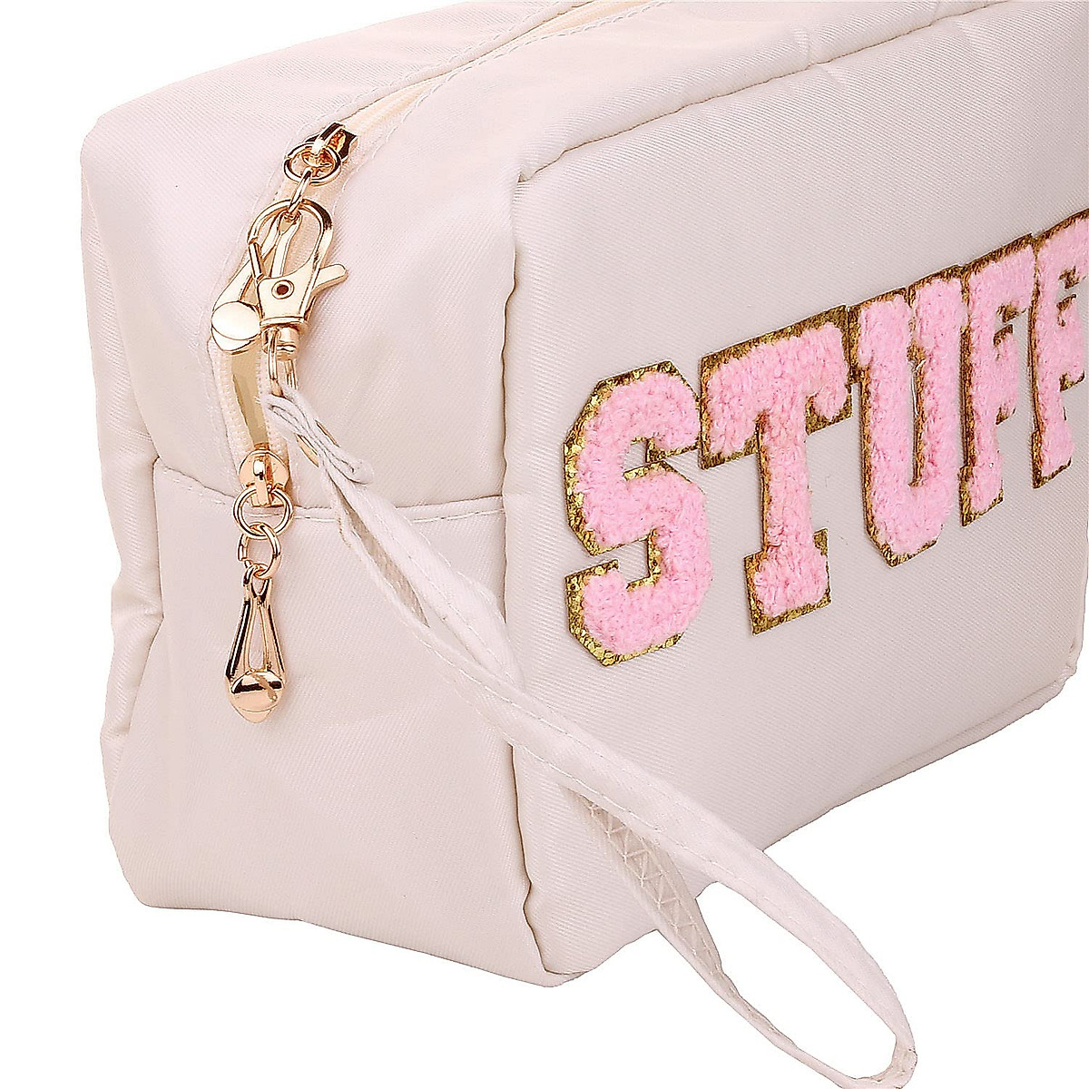 oaesc Nylon Cosmetic Bag Chenille Letter Patches Waterproof Travel Pouch Snack Makeup with Wrist Strap for Women (Beige-STUFF)