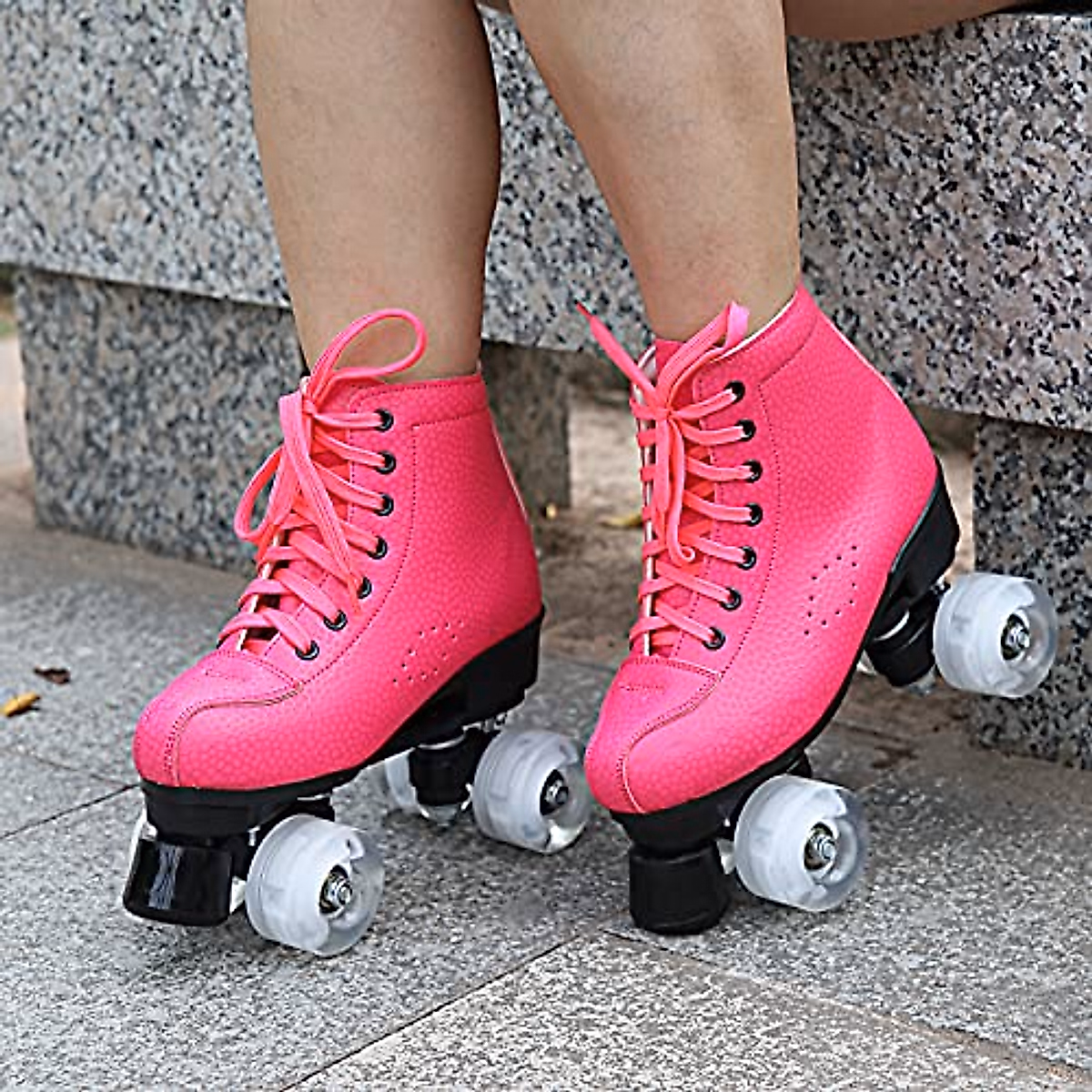 PERZCARE Roller Skates for Women&Girls,Premium High-top Classic Double-Row Design Roller Skates Shoes 4 Shiny Wheels,PU Leather Roller Skates for Beginners Teens/Adult/Boys/Unisex Indoor/Outdoor