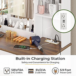 DICTAC Makeup Vanity Desk with Mirror and Lights, Farmhouse Vanity Table with Charging Station, 43'' Bedroom Dressing Table with 6 Drawers & 2 Cabinets, 3 Color Lighting Modes, White