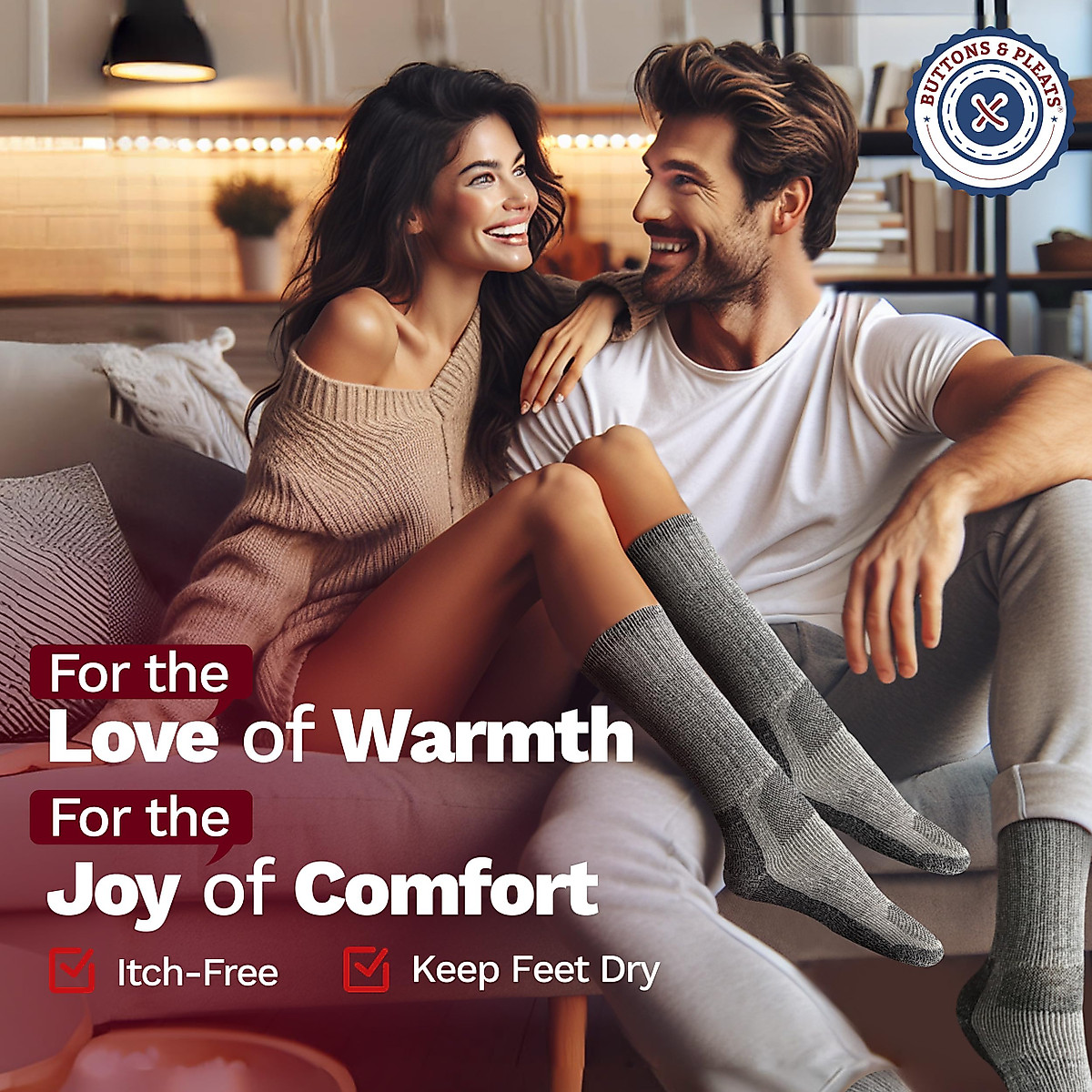 Buttons & Pleats Wool Socks for Men Women Merino Thermal Warm Cozy Winter Fuzzy Boot Sock Charcoal SM