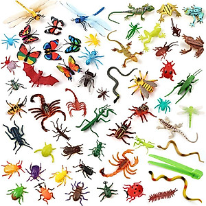 Auihiay 58 Pieces Plastic Insects Toys Assorted Play Bugs Toddler Bug Toys with Plastic Tweezers for Kids Education Insect Themed Party