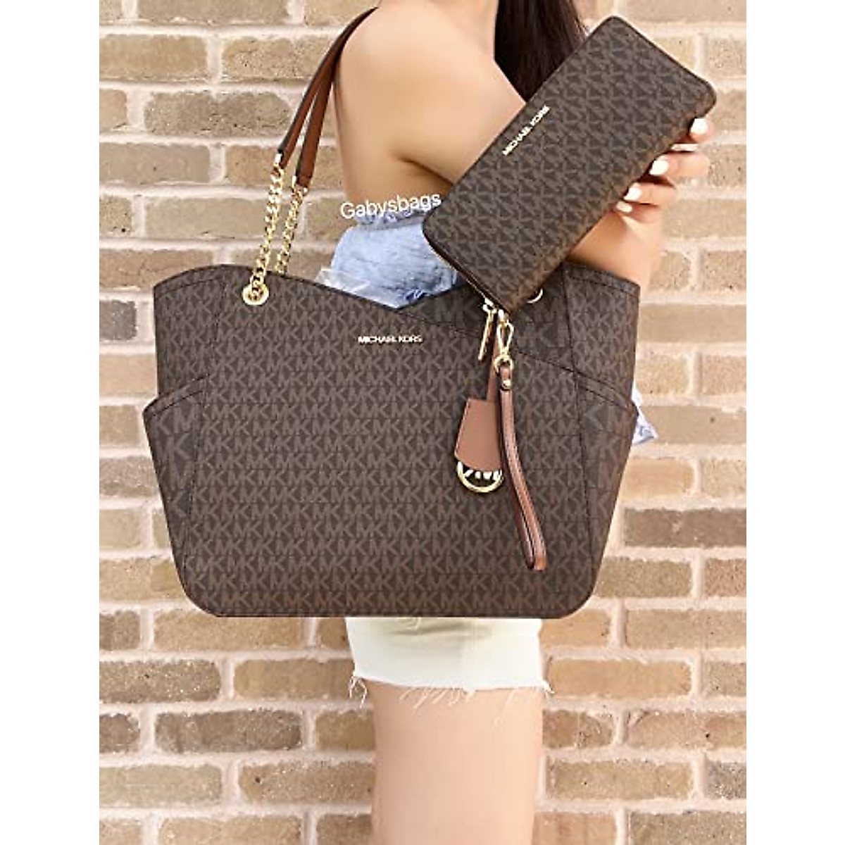 Michael Kors Jet Set Travel Large Chain Shoulder Tote Brown MK Signature Bundled with Michael Kors Jet Set Travel Continental Long Wallet Wristlet Brown