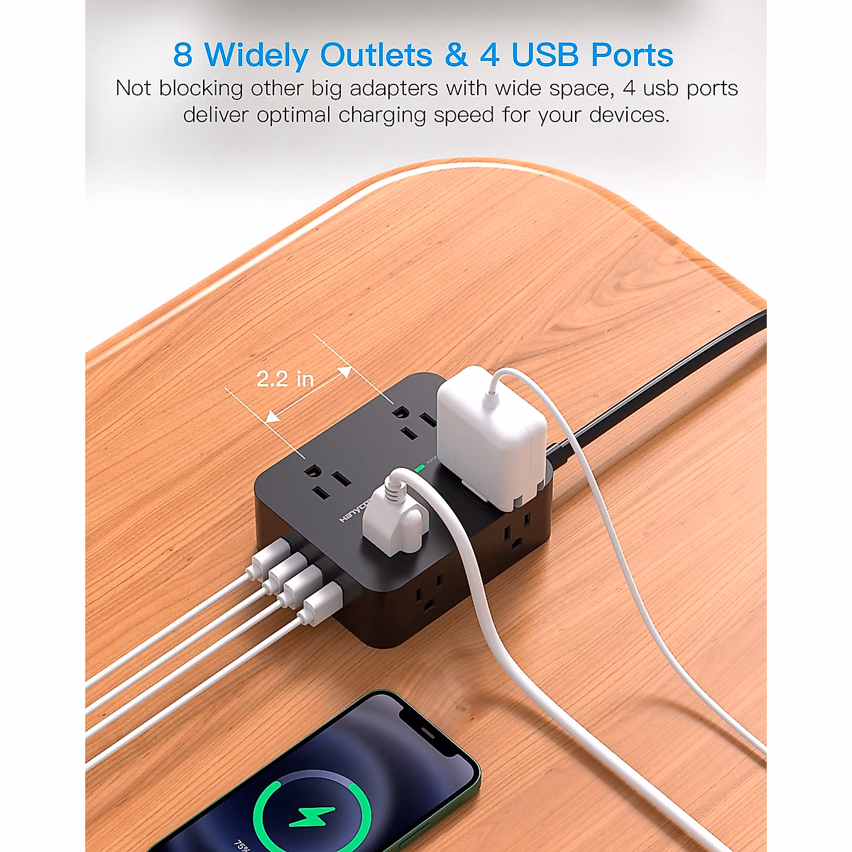 8 Outlets Power Strip with 4 USB Charging Ports, 3 Side Outlet Extender with 5Ft Braided Extension Cord, Flat Plug, Wall Mount, Desk USB Charging Station for Home Office