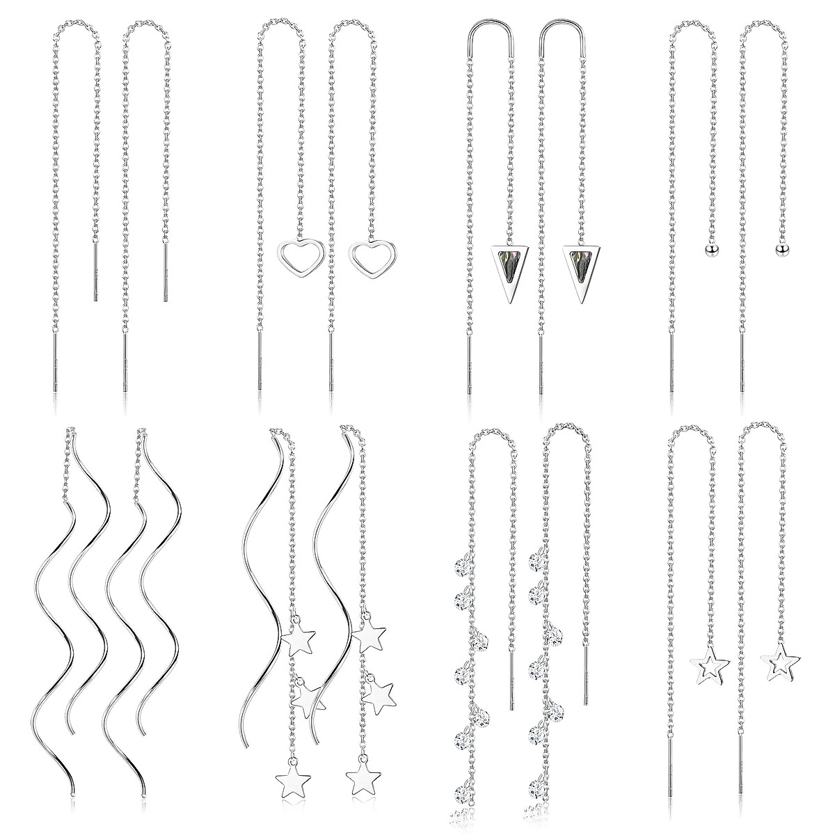 LOLIAS 8Pairs Threader Earrings Chain Earrings Tassel Earrings for Women Stainless Steel Double Twist Wave Drop Dangle Earrings with Rhinestones Lightweight Long Chain Earrings Set,Silver