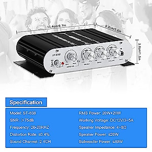 ST-838 2.1CH HiFi Audio Amplifier RMS 20Wx2+40W Stereo Amplifier with Subwoofer Output Class D Mini Digital Power Amplifier Receiver with AUX for Home,Car Speakers,Black (Power Supply not Included)
