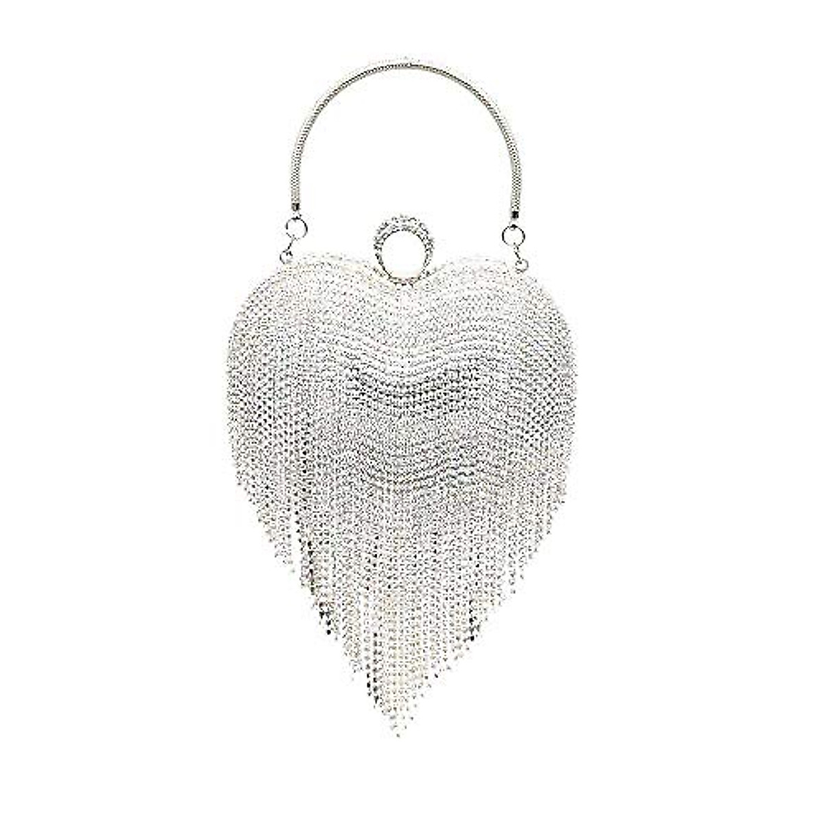 UMREN Women Luxury Heart Shape Tassel Evening Clutch Bag Rhinestones Wedding Party Purse Handbag Silver 1