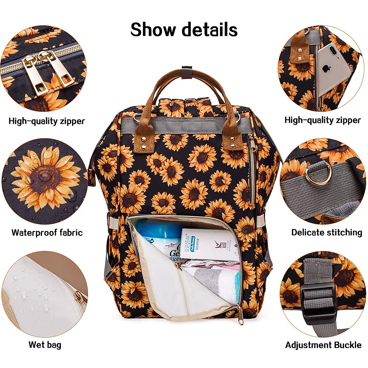 Sunflower Diaper Bag Backpack Set for Baby Girls, Large Floral Mom Bags with Nappy Pouch Stroller Straps