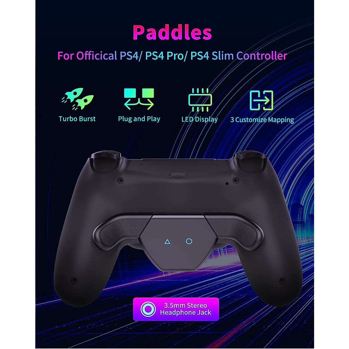 AOJAKI Paddles for PS4 Controller, Back Button Attachment with LED Display, Memory Function, Audio Jack, Customizable Settings