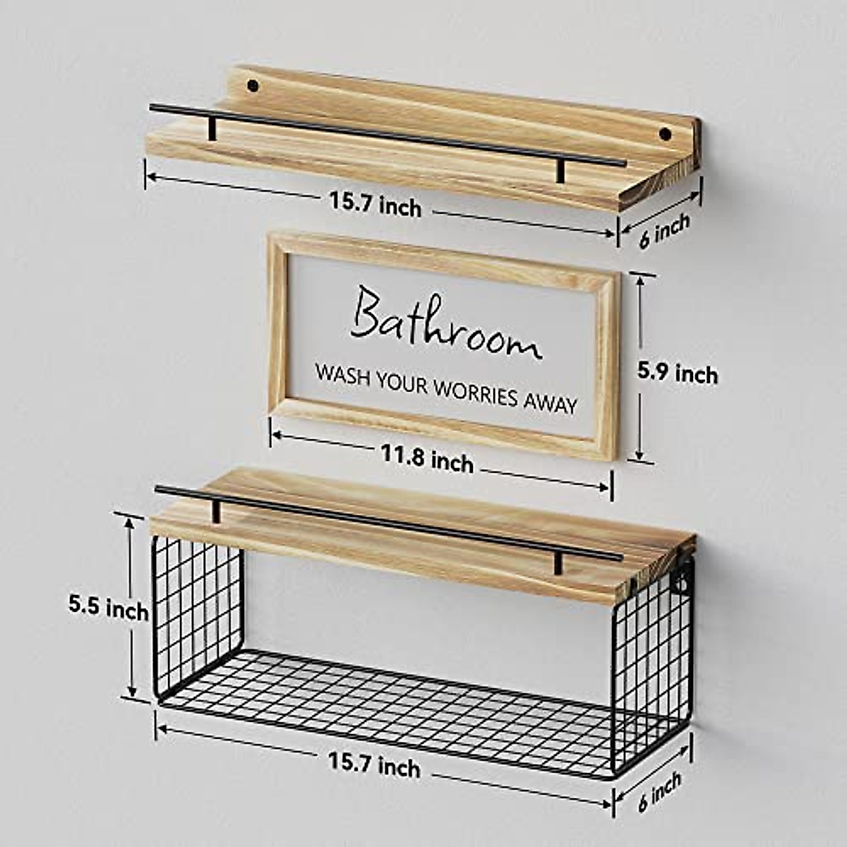 WOPITUES Floating Shelves with Bathroom Wall Décor Sign, Wood Floating Bathroom Shelves Over Toilet with Toilet Paper Storage Basket Set of 3, Floating Shelf with Guardrail for Wall Décor–Light Brown