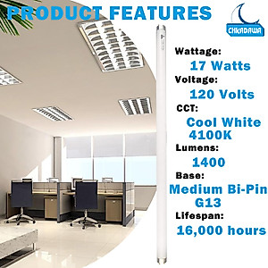 CHKADAWA 24 Inch Fluorescent Light Bulb F17T8/841 17 Watts, 2 Ft T8 17W Cool White 4100K Straight Linear Fluorescent Tube, G13 Medium Bi-Pin Base, 6 Pack