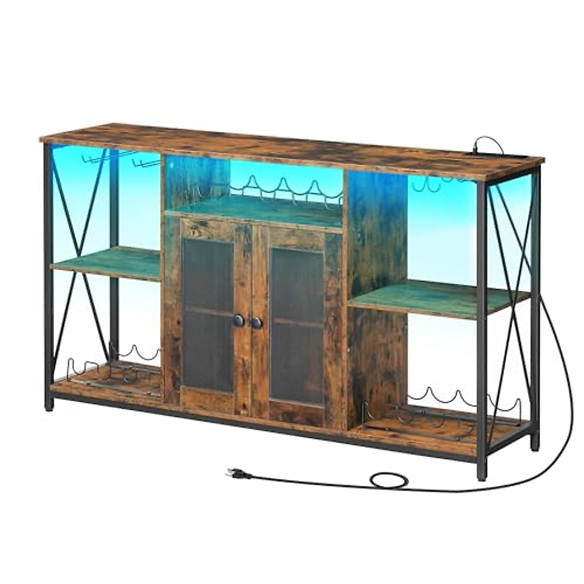 HOOBRO Wine Bar Cabinet with Led Lights and Power Outlets, Coffee Bar Cabinet for Glasses, Sideboard Buffet Cabinet, Liquor Cabinet for Dining, Living Room, Bar, Rustic Brown and Black BF13UDJG01