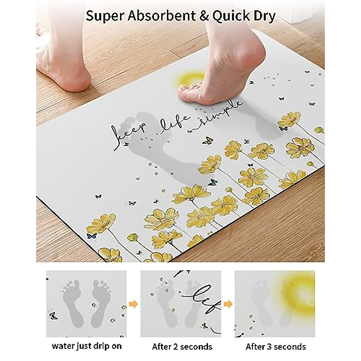 Sun Flower Bath Mat for Tub,Non Slip Bathroom Floor Runner Rug Quick Dry & Absorbent Diatomaceous Earth Kitchen Room Shower Sink Washable Doormat,Elegant Gold Spring Florals Cartoon Butter-fly 18"x30"