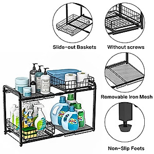 Expandable Under Sink Organizers and Storage, 2-Tier Cabinet Organizer Shelf with 2 Slide-out Baskets, Adjustable Large Under Sink Storage Racks for Bathroom Kitchen,Black