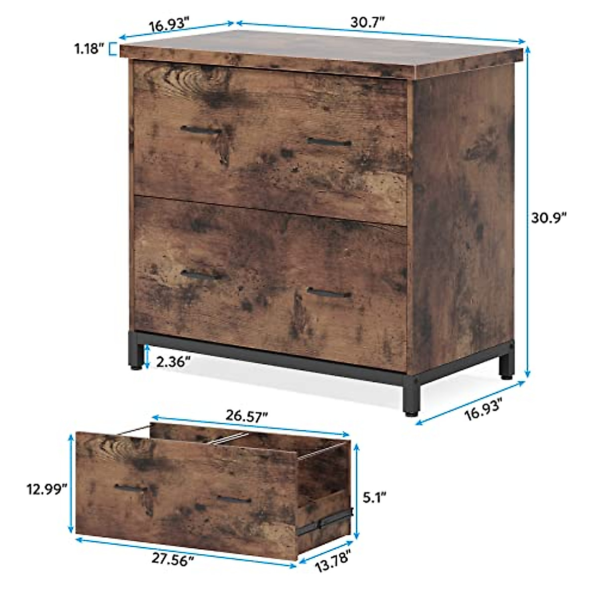 Tribesigns 2-Drawer File Cabinet, Wood Lateral Filing Cabinet, Home Office File Cabinet for A4, Letter Size, Rustic Brown