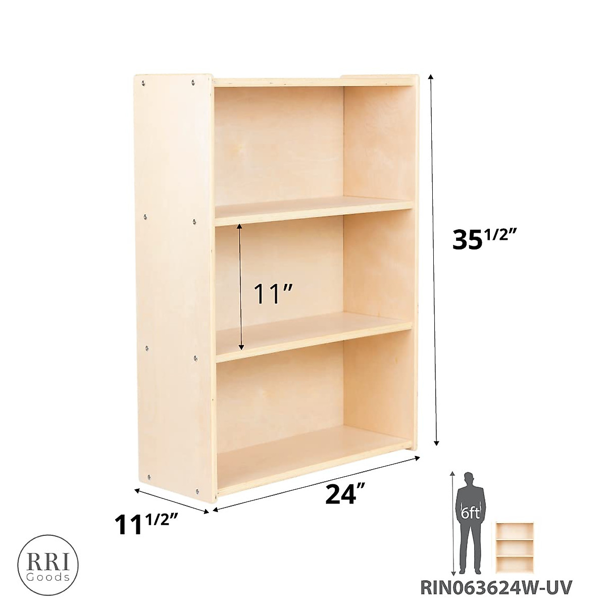 RRI Goods Child Three-Shelf Bookcase, Sturdy Birch Plywood Shelves for Daycare Storage of Books, Toys, Supplies, Smooth Natural Wood (34")