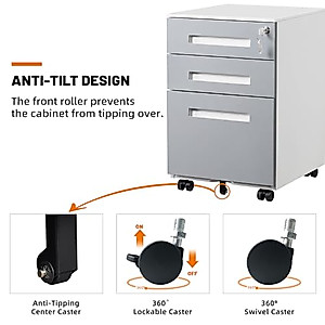 Godappe 3 Drawer Mobile File Cabinet, Metal Vertical Filing Cabinet with Lock Anti-tilt Design Rolling Filing Cabinet Under Desk File Cabinet fits Letter/Legal/A4 Size for Home Office(Grey)