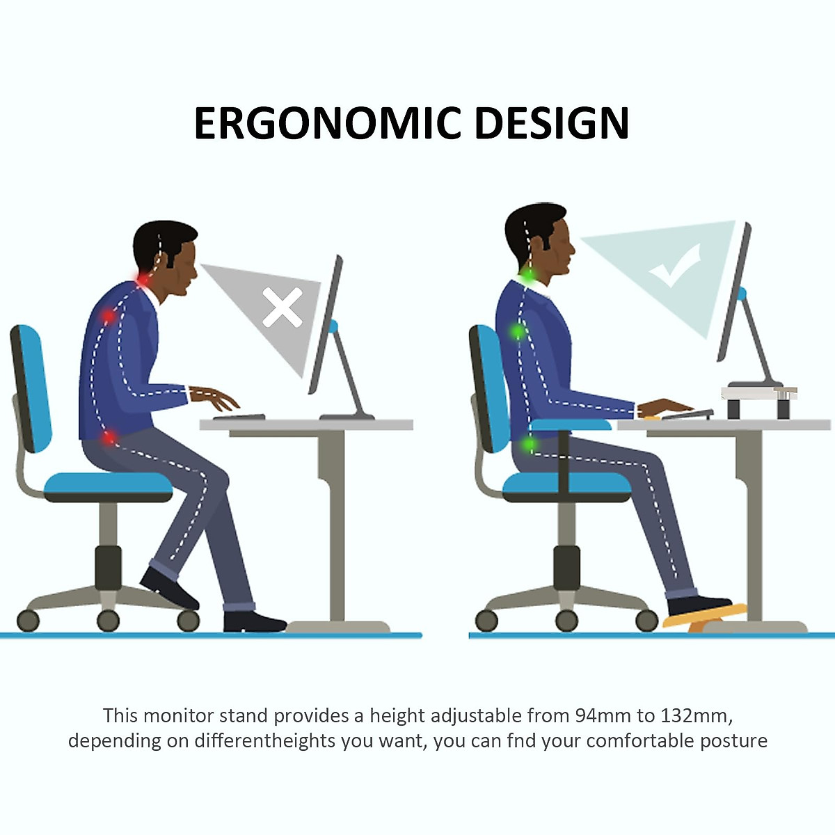 AX Waber Dual Monitor Riser, Adjustable Height Steel Leg Wooden Stand with Storage Space - Black