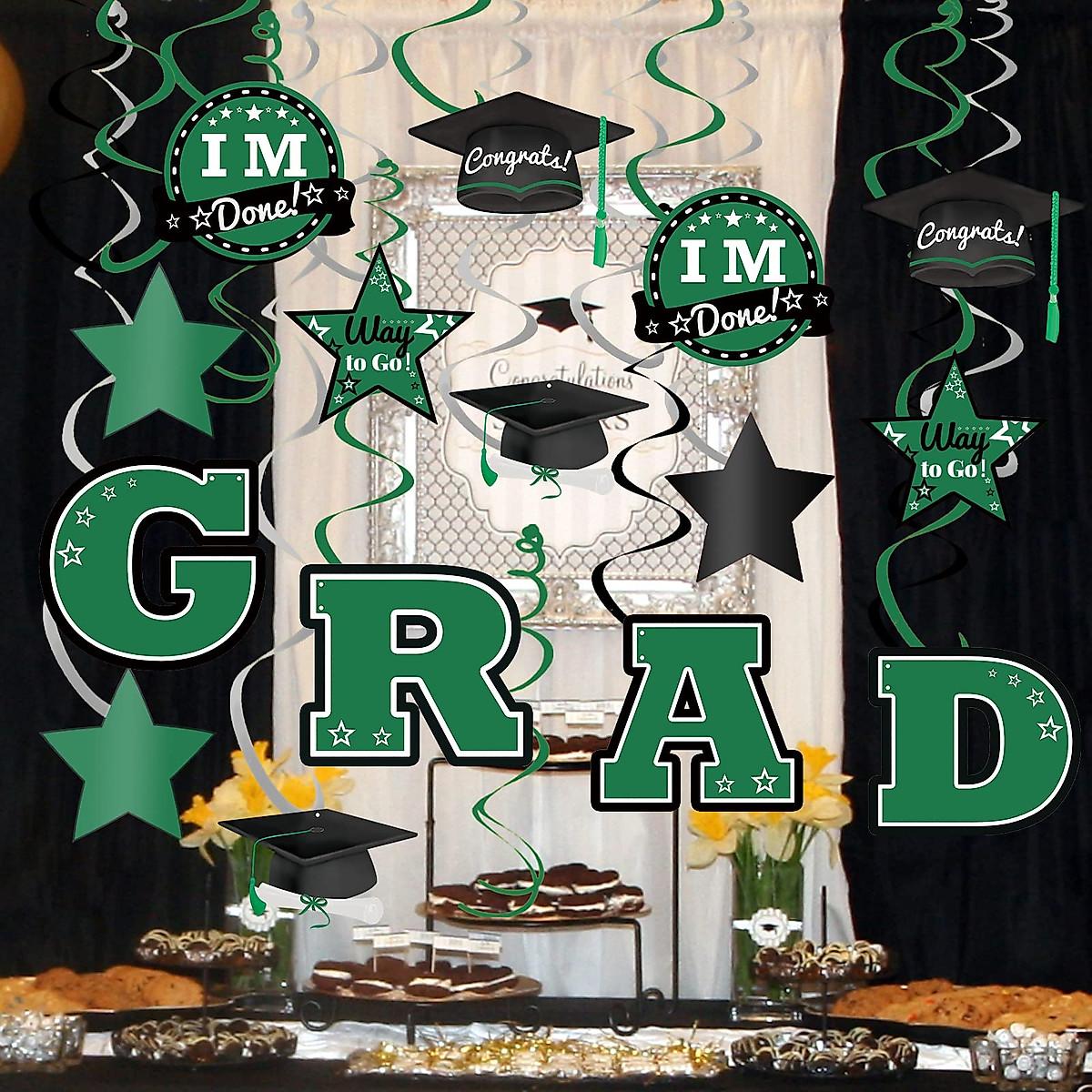 Bunny Chorus Graduation Party Decorations 2022, 36 Pcs Class of 2022 Graduation Party Supplies, Hanging Swirls Green and Black Graduation Decorations 2022, Congrats Grad Party Favors, No DIY Required