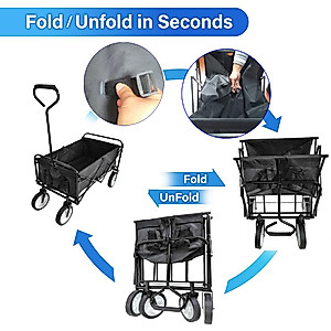 Folding Collapsible Wagon,Large Capacity Outdoor Wagons Carts Heavy Duty Foldable Utility with Big All-Terrain Wheels &2 Side Pocket for Camping,Sports, Garden Shopping Beach Cart(Black)