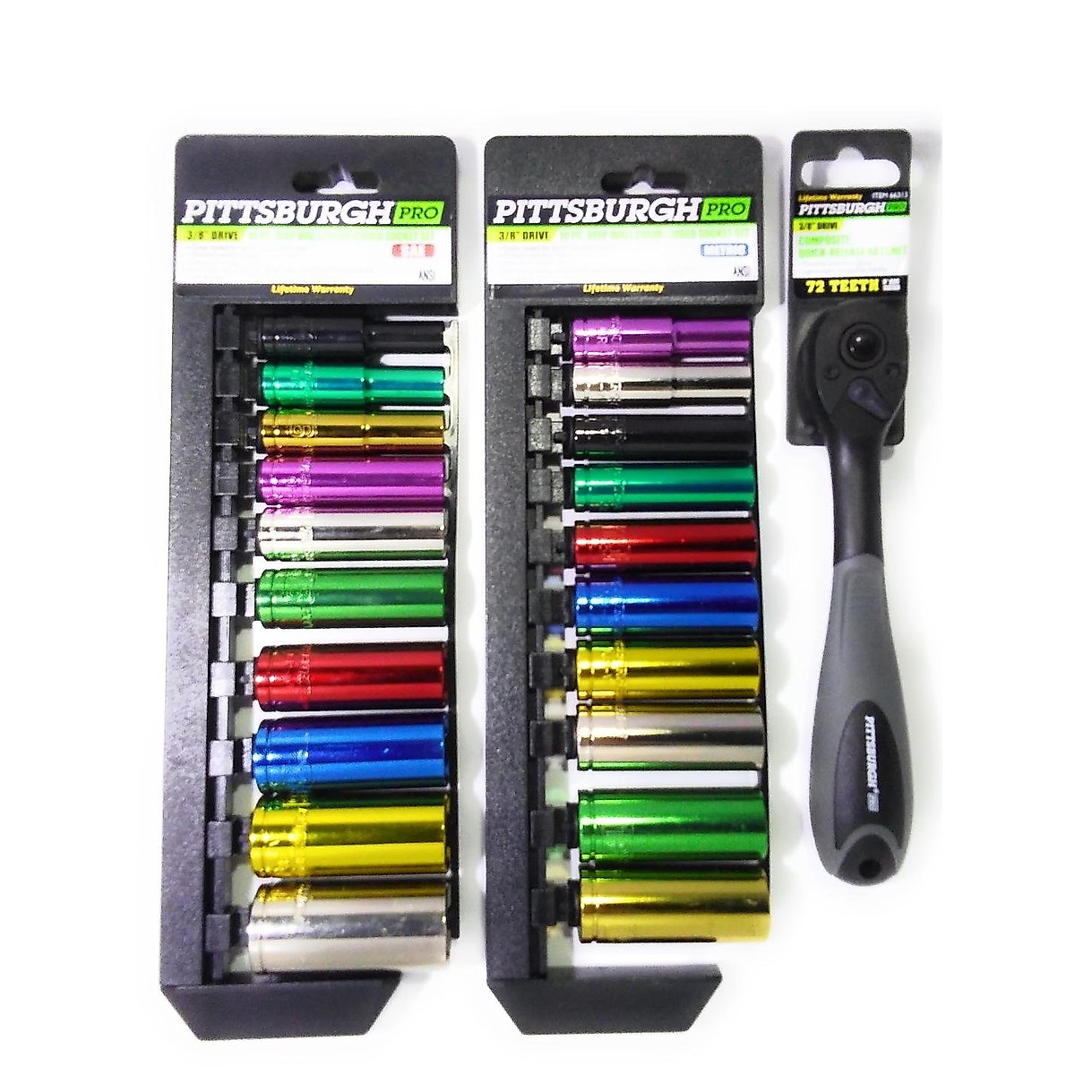 SAE/METRIC Deep Wall Color Coded Socket Sets With Composite Ratchet BUNDLE (3/8")