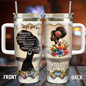 WAZONE Personalized God Says You Are 40oz Tumbler with Handle and Straw Lid Custom Name Christian Stainless Steel Travel Coffee Mug Positive Affirmation Gifts for Black Women African American Girl