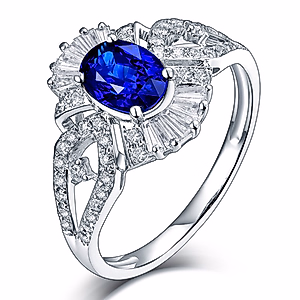 Lanmi 14K White Gold Natural Blue Sapphire Diamonds Ring Engagement Wedding Band for Women