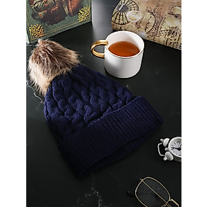 Women's Winter Knitted Beanie Hat with Faux Fur Pom Slouchy Hat and Full Finger Knitted Gloves (Navy Blue Hat)