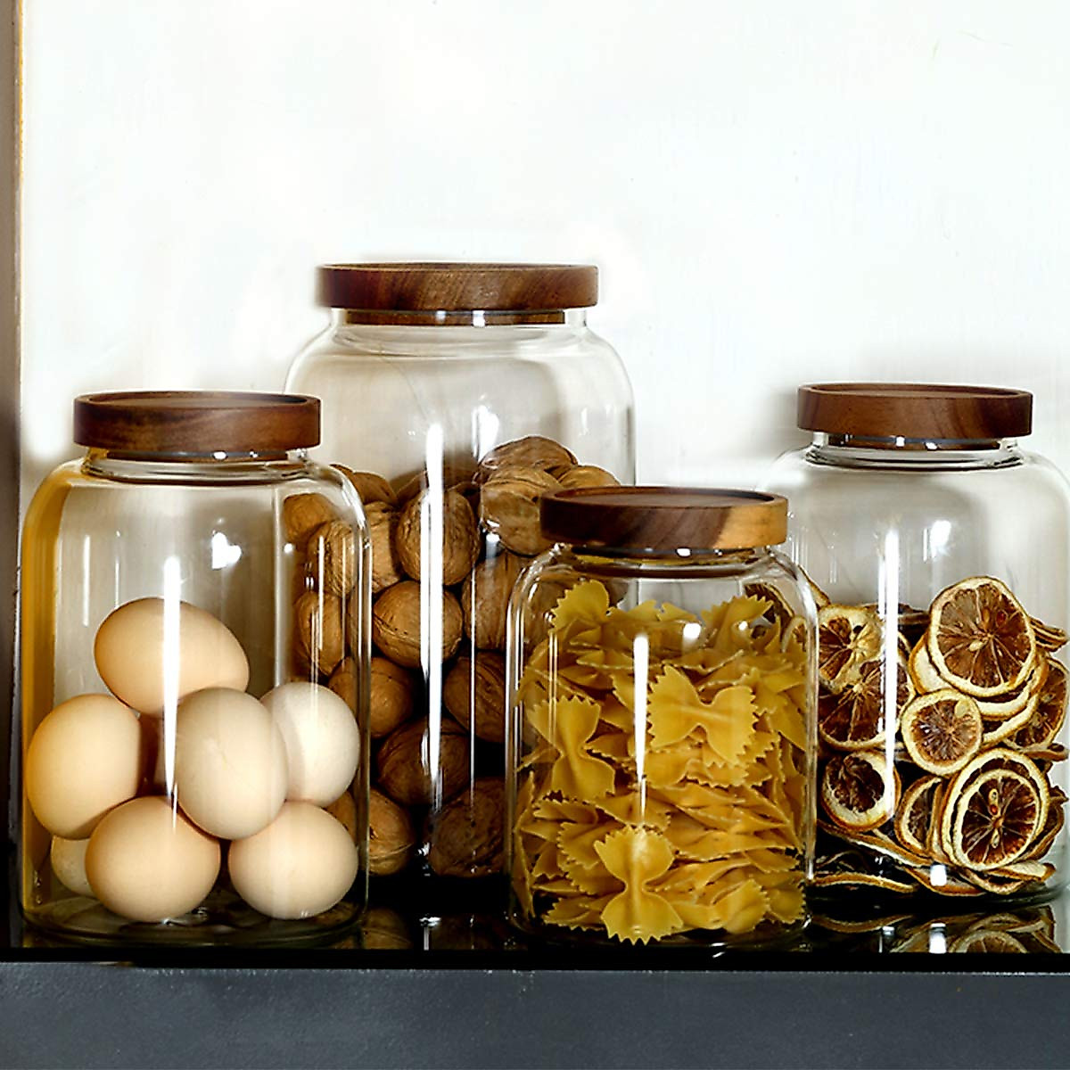 Bekith 2 Pack 42 FL OZ (1250ml) Glass Storage Jars with Wooden Lids, Glass Food Storage Container with Airtight Lid, Glass Pantry Canister for Beans, Rice, Sugar, Coffee and etc
