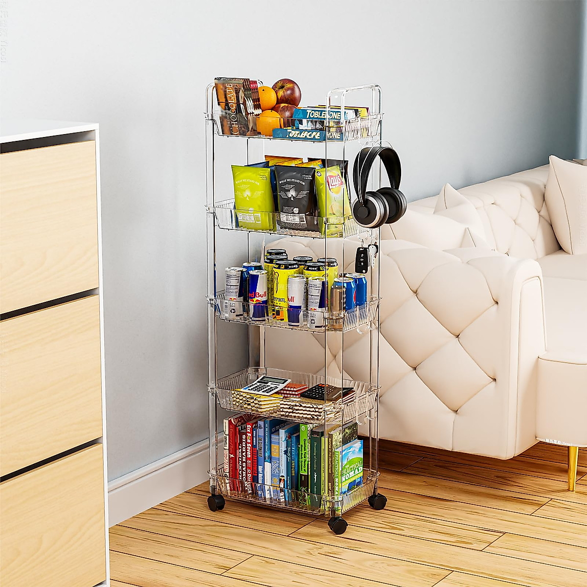 Clear 5 Tier Rolling Utility Cart with Wheels,Modern Bedside Cart for Baby Essentials,Nursery,Diaper Caddy,Baby Supplies,Rolling Storage Cart for Living Room,Bathroom,Kitchen,Book Cart