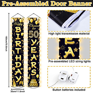 50th Birthday Party Banner Lighted Decorations for Women Men 50 Year Old Lighted Door Banners Black Gold Cheers to 50 Years Birthday Party Supplies Porch Sign with LED Light for Outside Lighted Decor