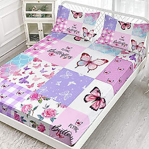 Smell Sunshine Butterfly Sheets Set 4Pcs for Kids,Pink Butterfly Printed Sheet Set with 1 Flat Sheet and 1 Fitted Sheet + 2 Pillowcases(Pink Butterfly Queen)