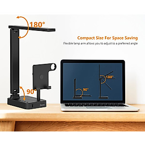 Drevet 3 in 1 LED Desk Table Lamp with Cell Phone Holder and Apple Watch Charger Stand, Eye-Caring Foldable Desk Light with USB Charging Port, 3 Level Brightness, Memory Function, Touch Control, Black