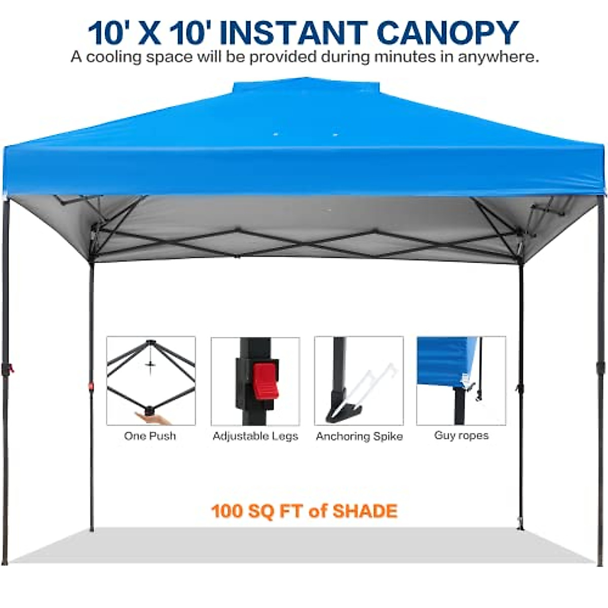 Tunbne 10'x10' Pop Up Canopy Tent with Vented Roof, Instant Shade Canopy for Parties Beach Outdoor, One Push Easy Setup Tent with Wheeled Frame Heavy Duty and Storage Case, 8 Stakes, 4 Ropes (Blue)