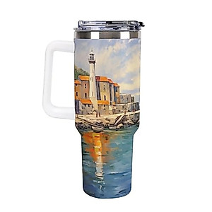 40 Oz Romantic Entitled Seaport Insulated Stainless Steel Tumbler with Handle & Straw Lid, Reusable Travel Cupholder Friendly Mug for Coffee, Water, Tea