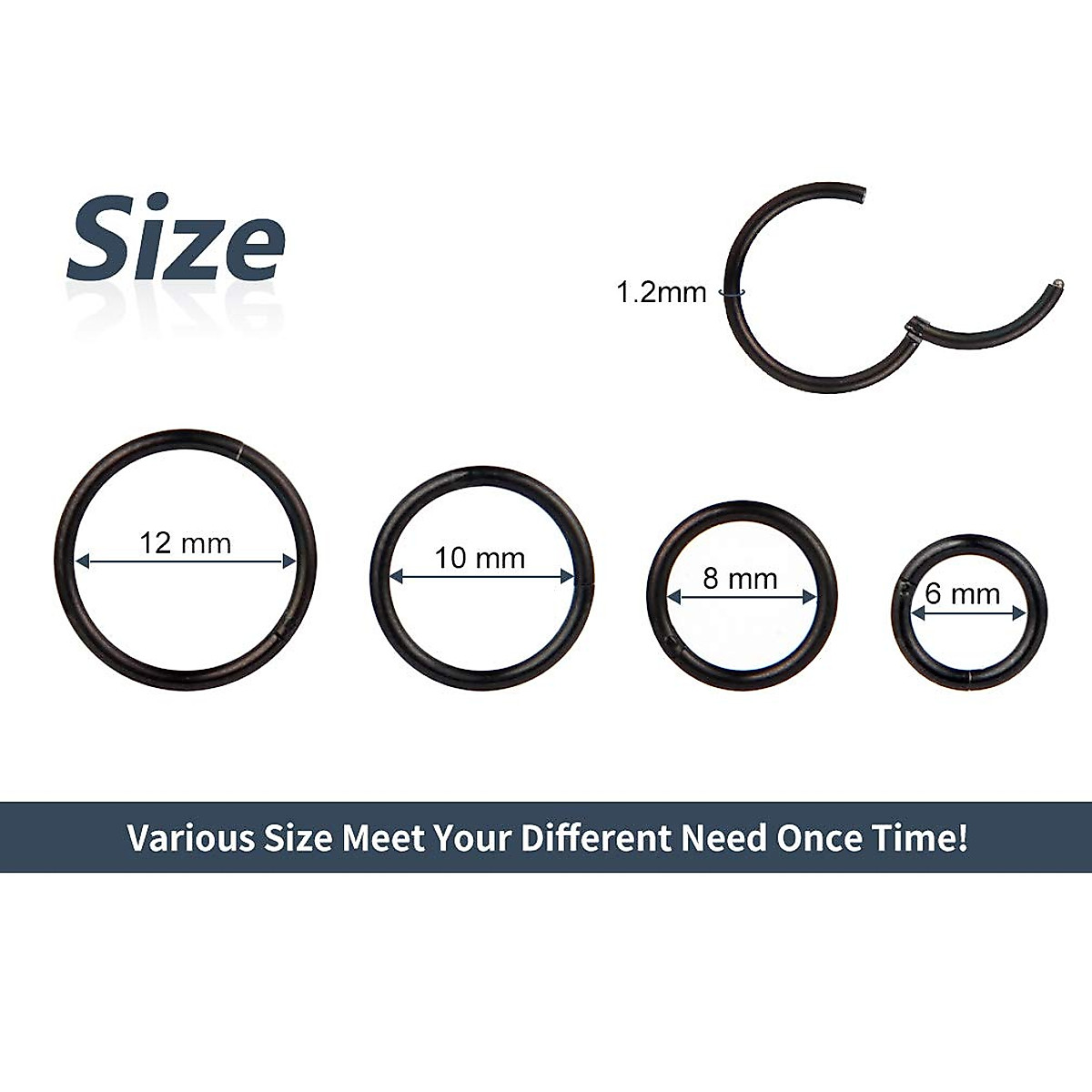 16G Black Stainless Steel 6-12mm Segment Hinged Cartilage Earrings - 4pc Clicker Hoop Set, Unisex Piercing Rings - Mothers Day Gifts