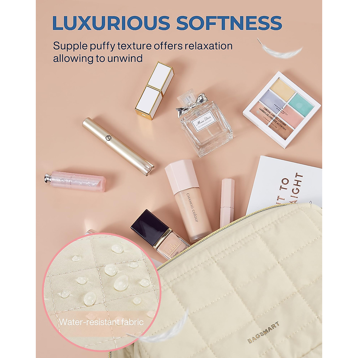 BAGSMART Makeup Bag Cosmetic Bag Wide Open, Beige, M, Wide-open Travel Makeup Bag With Puffy Padded and Rectangular Quilted